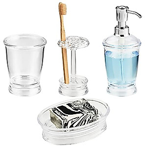 mDesign Plastic Bathroom Vanity Countertop Accessory Set - Includes Refillable Soap Dispenser, Divided Toothbrush Stand, Tumbler Rinsing Cup, Soap Dish - 4 Pieces - Clear