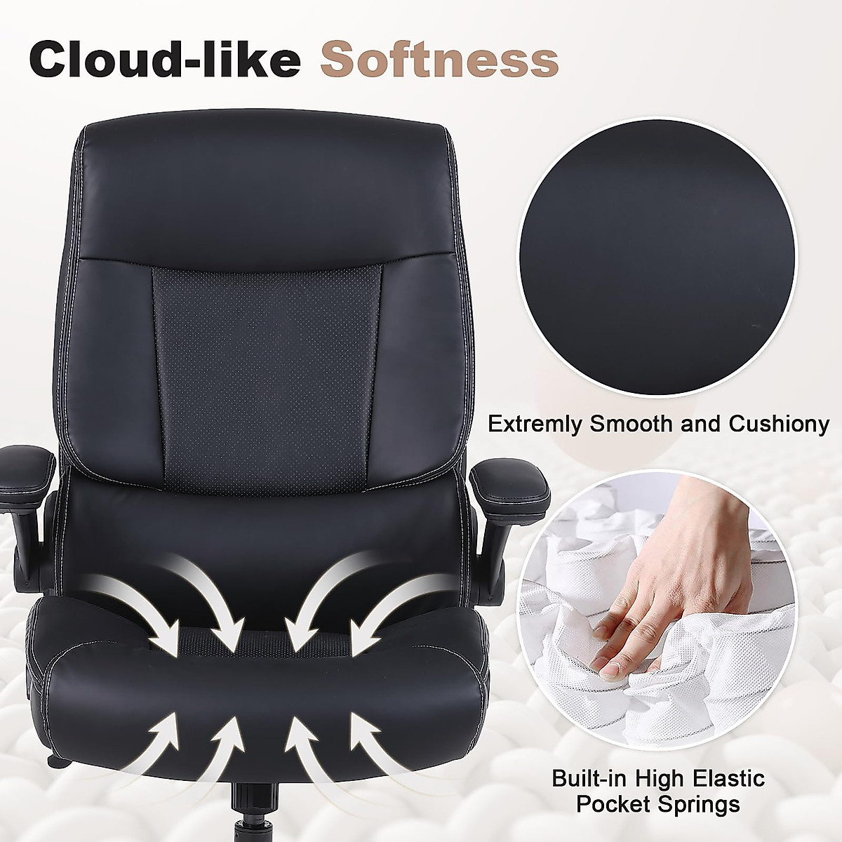 Youhauchair Big and Tall Office Chair, 500LBS Executive Desk Chair with Lumbar Support, PU Leather Ergonomic Computer Chair with Flip-up Armrests, High Back Work Chair, Black