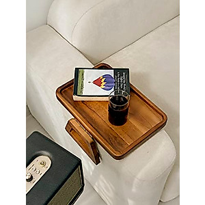 Tinamo Acacia Wood Sofa Armrest Tray -Sofa Arm Tray Table Clip - Couch Arm Table for Wide Couches - Wooden Side Tables for Small Spaces for Eating and Drink (Rectangular, Acacia)