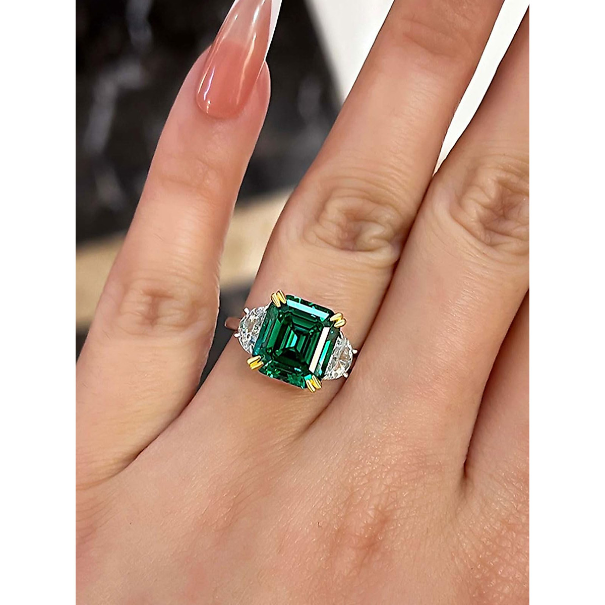 Effinny 4.5ct Women's Two-Tone Emerald Engagement Ring,Asscher Cut Green Paraiba Tourmaline Three Stone Promise Ring in 925 Sterling Silver(Size:8)