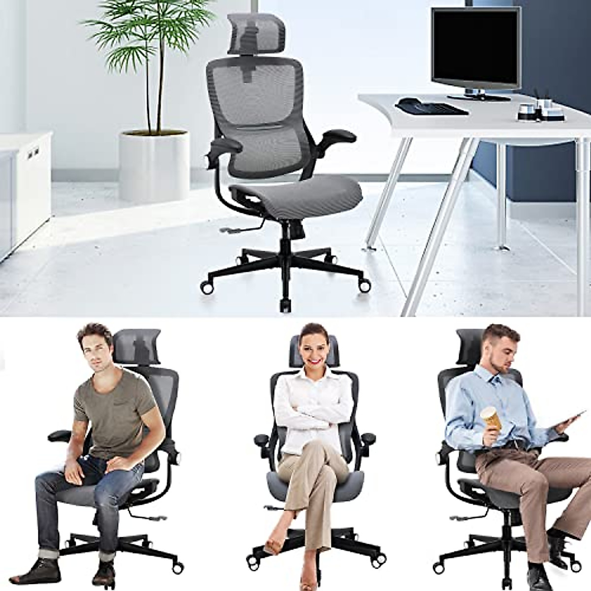 X XISHE Office Chair, Ergonomic Mesh Office Chair, High Back Desk Chair - Adjustable Headrest with Flip-Up Arms, Tilt Function, Lumbar Support, and PU Wheels, Swivel Computer Task Chair