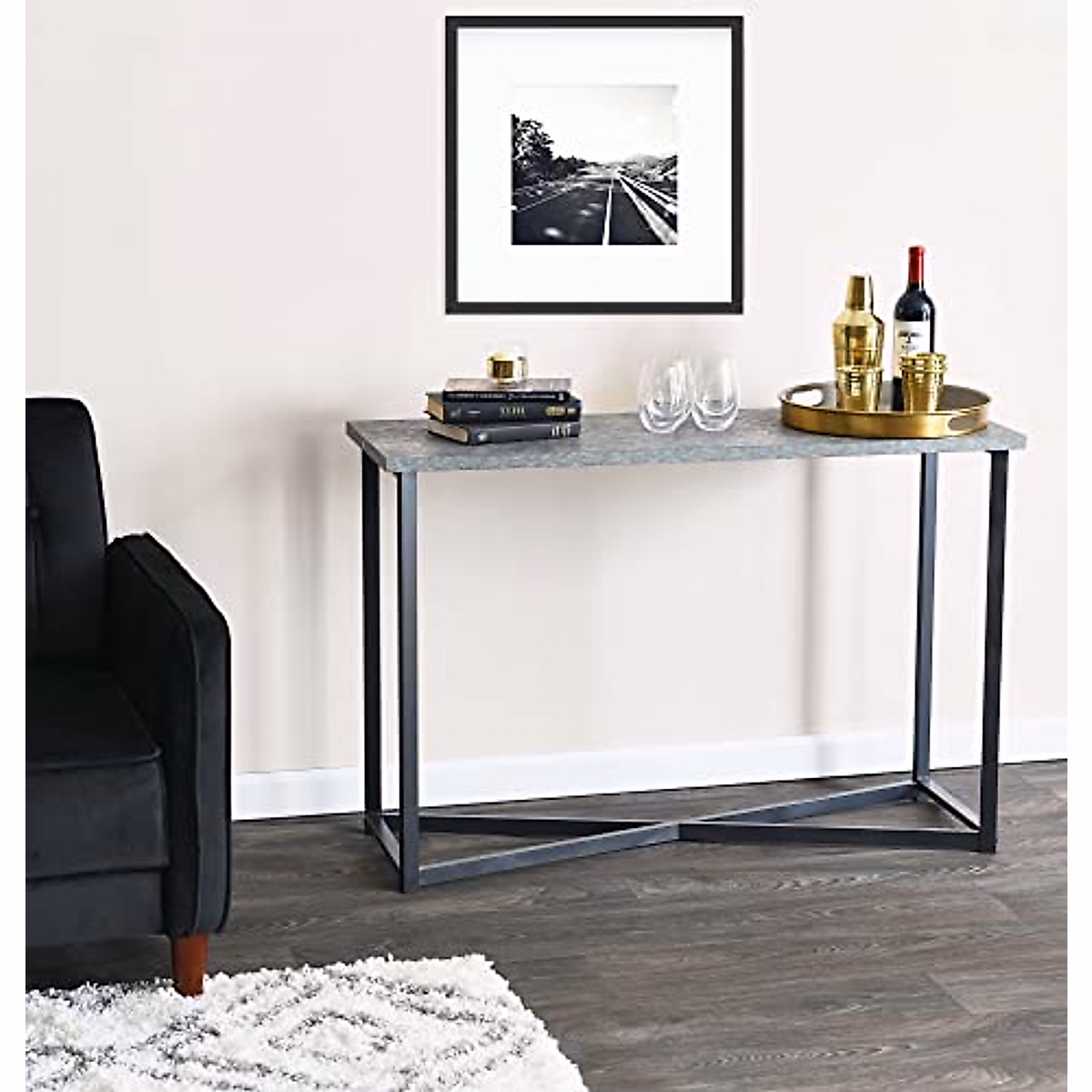 Household Essentials Jamestown Console Sofa Table Rustic Slate Concrete and Black Metal