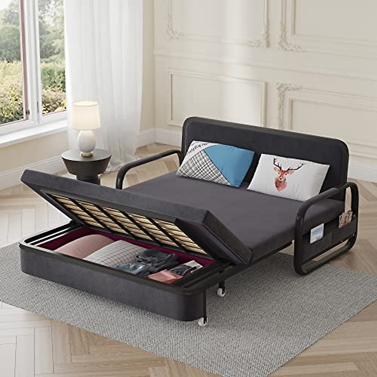 PIAQIA Convertible Pull Out Sofa Bed Sleeper with Storage, Linen Upholstered Folding Futon Couch with 1” Natural Latex Mattress, Suitable for Compact Space, Guest Room, Workshop, Dark Gray, 59" Width