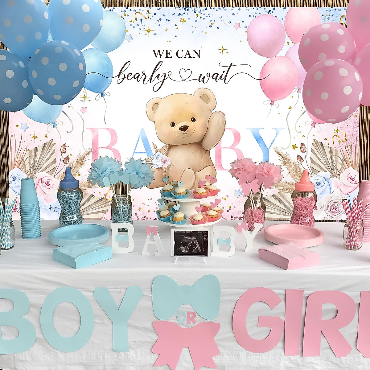 Avezano Boho Bear Gender Reveal Backdrop Banner Boho Floral We Can Bearly Wait Gender Reveal Decorations Pampas Grass He or She Baby Shower Party Decor 70.8 x 43.3 Inch