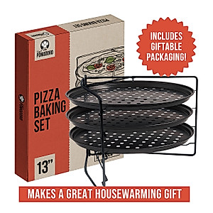 Chef Pomodoro Pizza Baking Set with 3 Pizza Pans & Pizza Rack, 13-Inch, Non-stick Pizza Stand & Pizza Tray for Oven, Grill, Pizza Pan with Holes, Perforated Pizza Pan for Oven, Barbeque