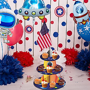 Ayearparty 3 Tier Space Cupcake Stand Astronaut Rocket Outer Space Party Table Decorations Cardboard Cup Cake Holder Solar System Themed Party Supplies for Kids Boys Birthday Baby Shower