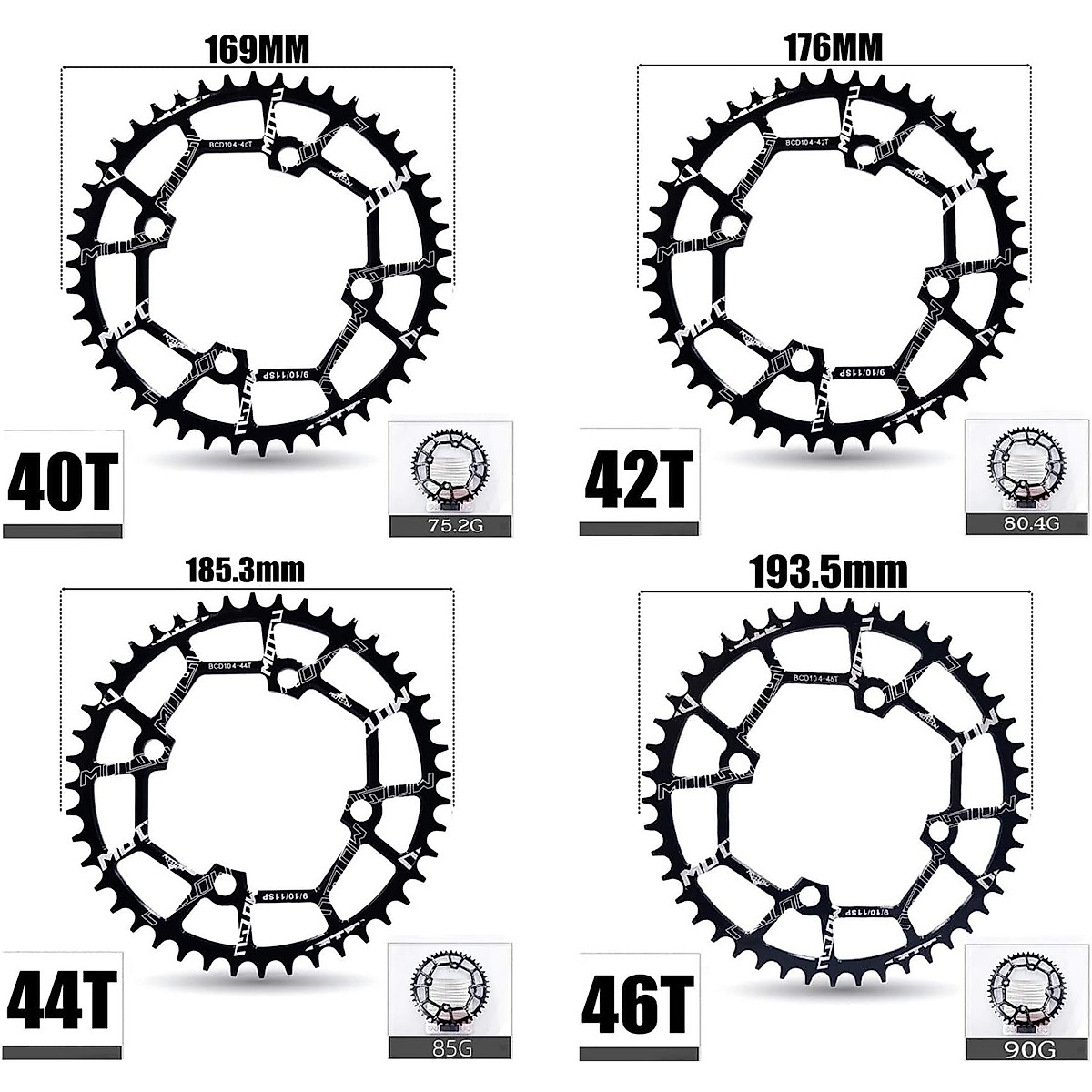YBEKI 30T 32T 34T 36T 38T 40T 42T 44T 46T 48T 50T 52T Chainring 104BCD Round Oval Narrow Wide Single Bike Chainring for 8 9 10 11 Speed Mountain Bike Road Bike MTB BMX (black round, 34T)
