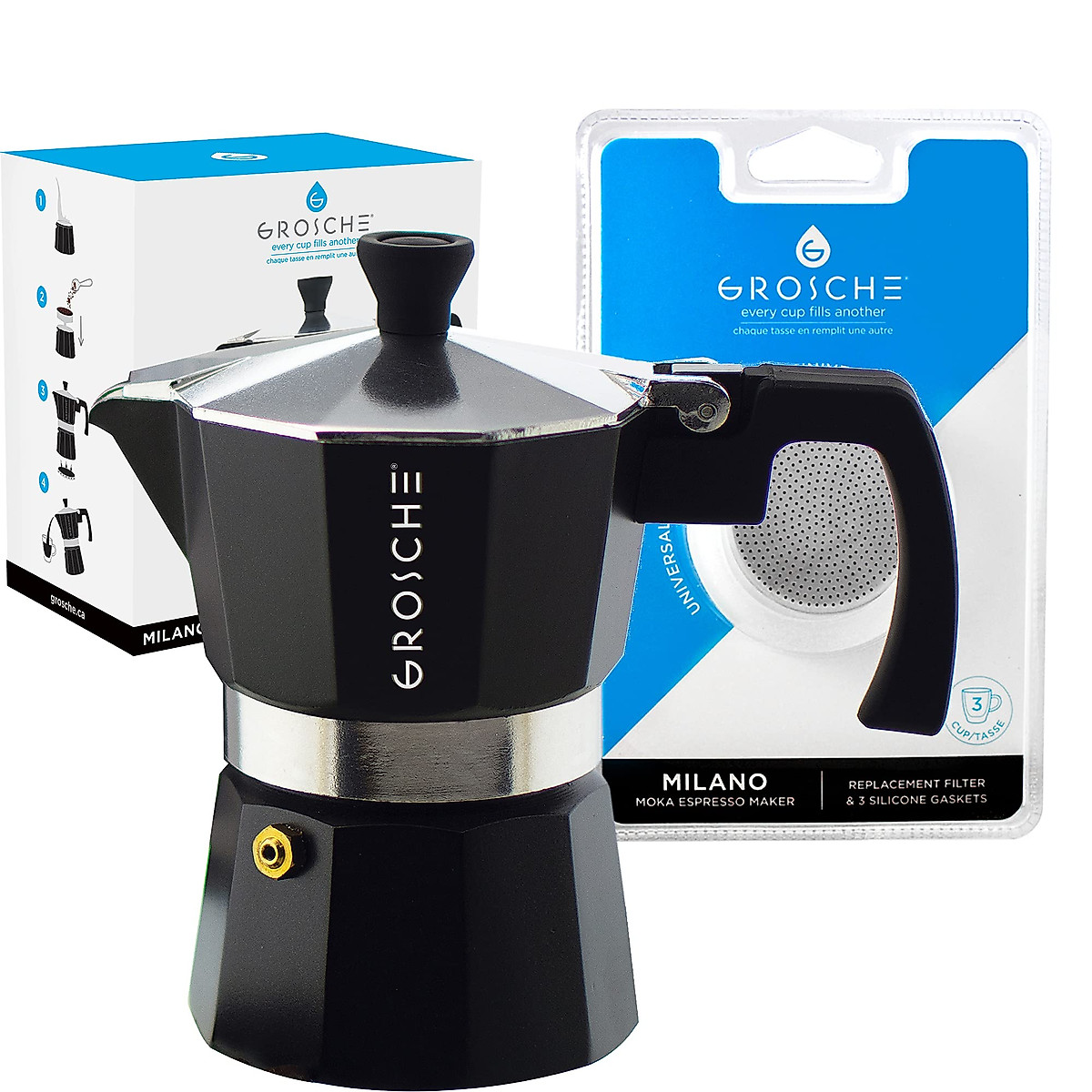 GROSCHE Milano Stovetop Espresso Maker Moka pot 3 espresso Cup - 5 oz, Black and 3 Replacement Seals Gaskets Bundle Stove top coffee maker Moka Italian espresso coffee maker and replacement gaskets