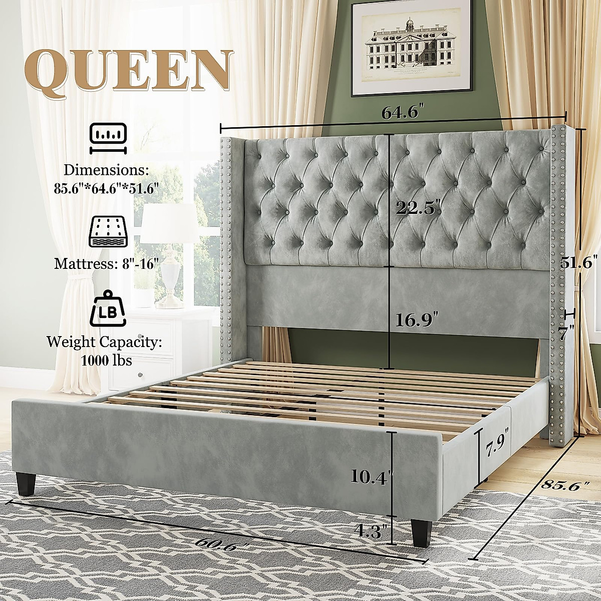 Jocisland Queen Size Platform Bed Frame Velvet Upholstered Bed with Nailhead Trim Wingback Headboard 51.6" Tall,Button Tufted, No Box Spring Needed, Light Grey