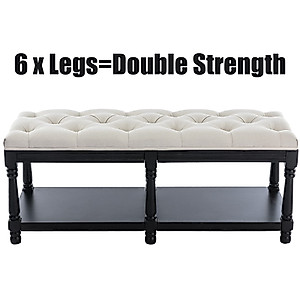 Guyou Farmhouse Storage Bench End of Bed Bench for Bedroom with Shelf 6 Foot, Fabric Upholstered Bench French Country Tufted Bench for Living Room Mudroom Black Washed Wood (Cream, 45”Lx19”Hx15.8”W)
