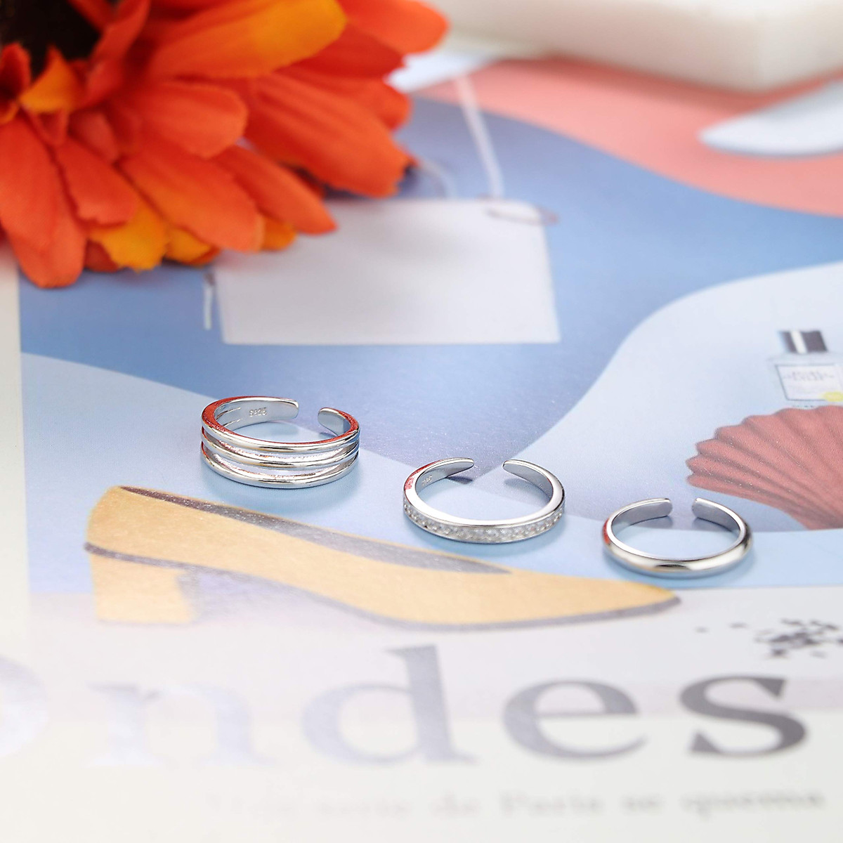 LOYALLOOK 925 Sterling Silver Open Toe Rings Set for Women Simple Thin CZ Tail Band Ring Adjustable