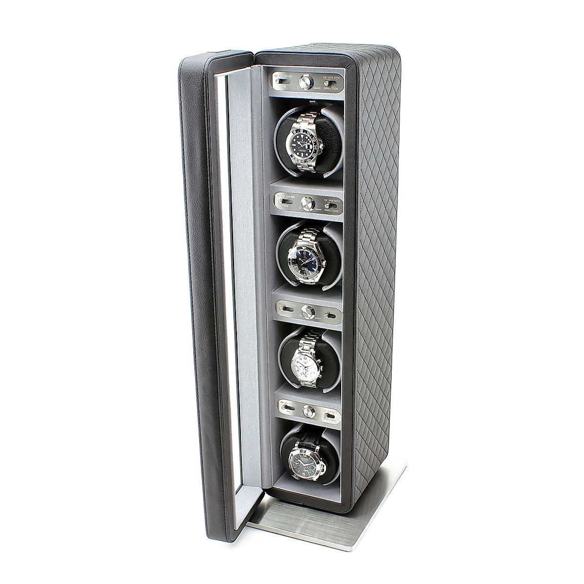 Quad Watch Winder in Black Leather, 12 Program Settings, Diamond Stitched Vegan Leather, Soft Linen Interior, Large Interior Space for Large Watches - Heiden Monaco Quad Automatic Watch Winder for Rolex