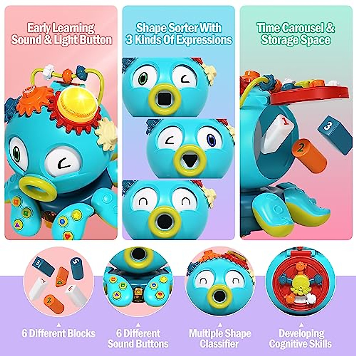 BLUEYAK Octopus Baby Toys, Musical Crawling Toys with Music & Light 12 in 1 Baby Activity Cube Toy Tummy Learning & Education Toys Baby Sensory Toys Walkers for Babies Infant Toys for Boy Girl Gifts