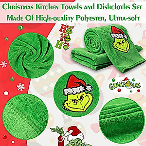 Christmas Kitchen Towels and Dishcloths Set - 30 X 14 Inch Green Xmas Absorbent Reusable Fingertip Tea Dish Hand Towels for Drying, Cleaning, Cooking and Baking, 2 Pack