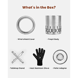 Tabletop Fire Pit with Stand, Low Smoke Mini Fire Pit for Backyard & Urban Indoor Fire Pit Fueled by Pellets or Wood, Full Body Made of Stainless Steel, Heat-Resistant Gloves, Travel Bag Included