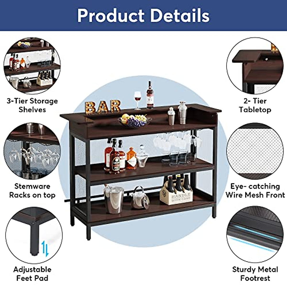 Tribesigns Industrial Home Bar Unit, 3 Tier Liquor Bar Table with Stemware Rack and Wine Storage Display Shelf, Mini Bar Cabinet with Glass Holder Footrest and Mesh Front