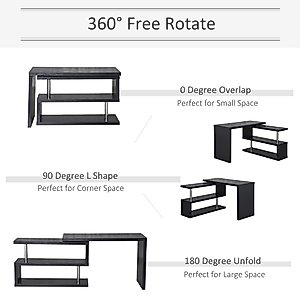 HOMCOM 360 Degree Rotating Corner Computer Desk, L Shaped Desk, Home Office Workstation with 3-Tier Storage Shelves, Black