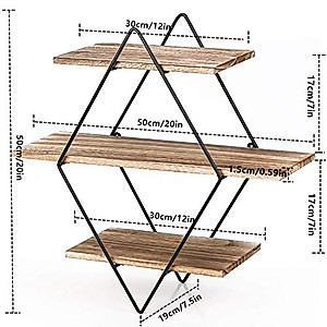 Homode Floating Shelves, Rustic Wood Geometric Wall Shelf, 3 Tier Diamond Metal Storage Shelves for Bedroom, Bathroom, Living Room, Kitchen, Office, Black and Brown