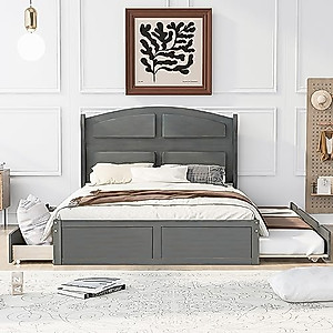 BIADNBZ Queen Size Platform Bed with Twin Trundle and 2 Drawers Underneath, Wooden Bedframe with Headboard, for Bedroom, Antique Gray