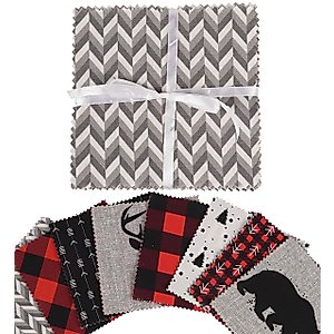 Soimoi Lumberjack Theme Print Precut 5-inch Cotton Fabric Quilting Squares Charm Pack DIY Patchwork Sewing Craft- Red & Black