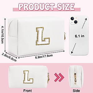 Personalized Initial Preppy Travel Makeup Bag Organizer, Small White Cute Cosmetic Bag Toiletry Zipper Pouch for Women, Portable Waterproof PU Makeup Case Birthday Gift for Female Women(Letter L)