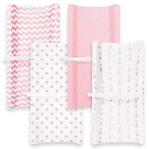 Changing Pad Cover – Baby Changing Pad Covers 4 Pack – Girls Changing Pad Cover Set – Pure Cotton Machine Washable Pink and White Changing Table Cover – Diaper Changing Pad Cover Sheets