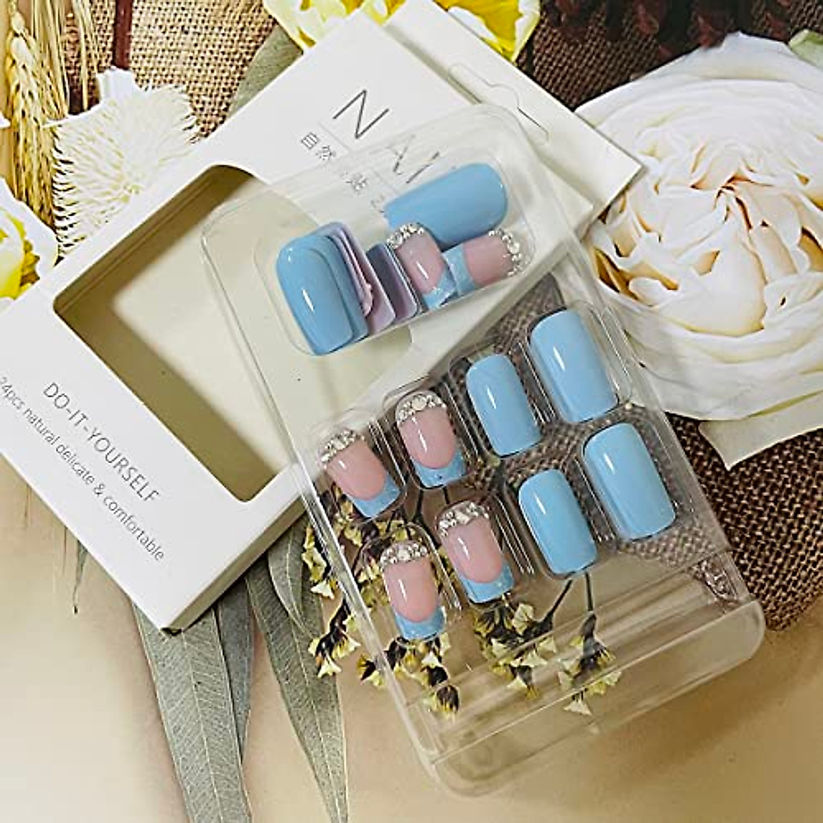 24 Pcs Square Press on Nails Short Fake Nails Blue Glittering Sequins with Rhinestones Exquisite Design Glossy Glue on Nails Full Cover French Tip False Nails Acrylic Nails for Women Girls Daily Wear