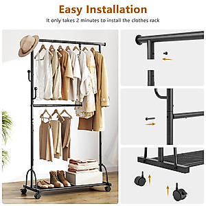 Gewudraw Double Rod Clothes Rack with Wheels Clothing Racks for Hanging Clothes, Rolling Garment Rack with Shelf Sturdy Closet Rack, Clothes Hanger Rack with hook for Pants, Dresses, Easy to Assemble