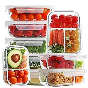 Bayco 9 Pack Glass Meal Prep Containers 3 & 2 & 1 Compartment, Glass Food Storage Containers with Lids, Airtight Glass Lunch Bento Boxes, BPA-Free & Leak Proof (9 lids & 9 Containers) - White