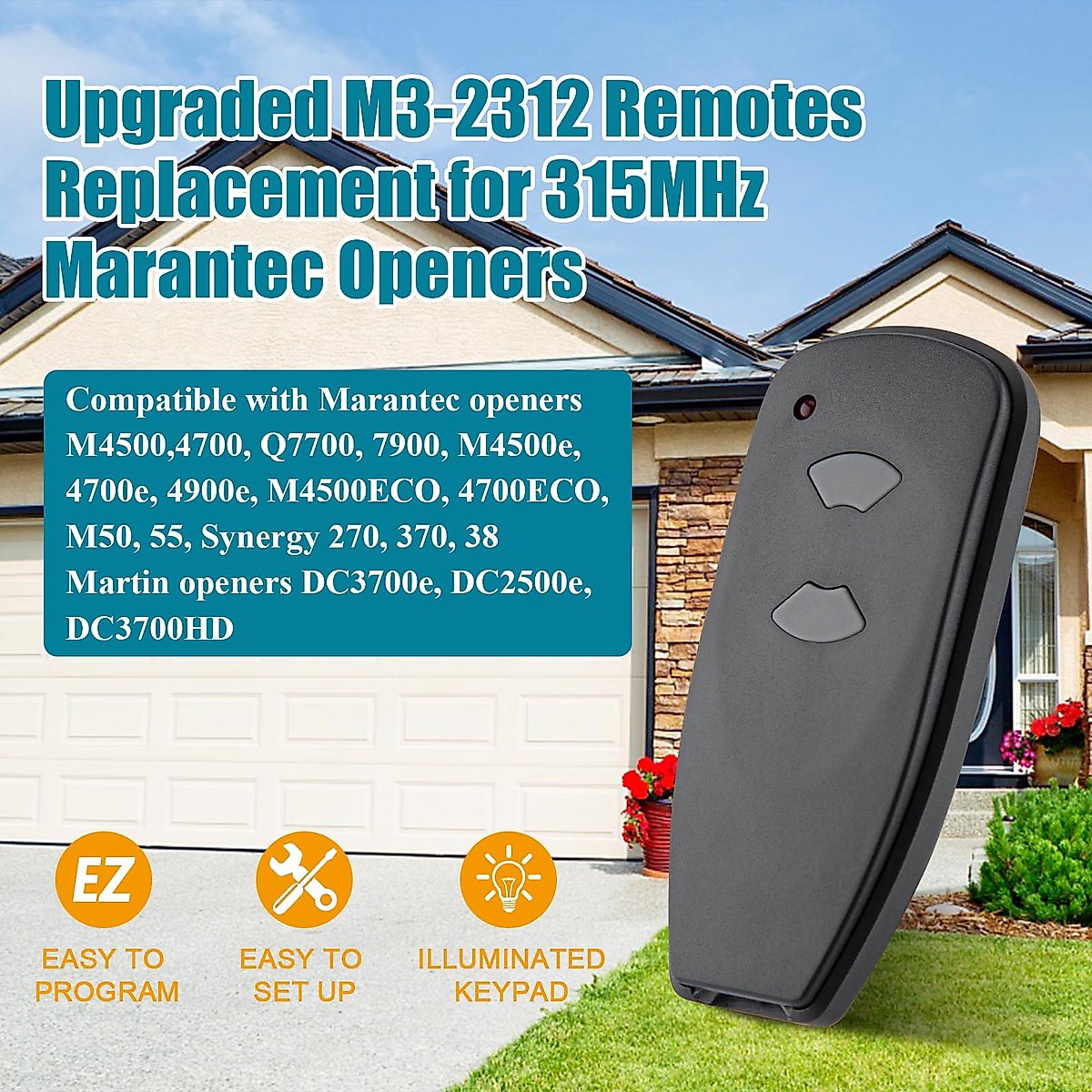 LAWOHO M3-2312 Clone Copy Remote Controls Compatible with Marantec 315MHz Garage Door Openers & Keyless Entry Keypad, for Marantec M4500e, 4700, M55, Martin DC3700e (1 Pcs)