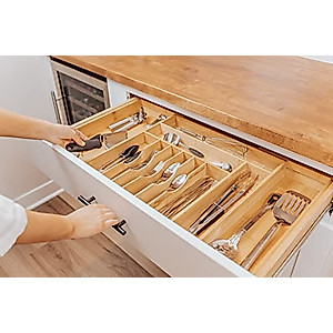 KitchenEdge Premium Silverware, Flatware and Utensil Organizer for Kitchen Drawers, Expandable to 33 Inches Wide, 11 Compartments, 100% Bamboo