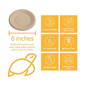 100% Compostable Disposable Paper Plates Bulk [6" 50 Pack], Bamboo Plates, Eco Friendly, Biodegradable, Sturdy Small Dessert Party Plates, Heavy-Duty, Unbleached by Earth's Natural Alternative