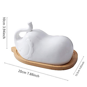 DOITOOL White Ceramic Elephant Butter Dish with Lid for Countertop or Fridge, Covered Butter Dish With Handle and Bamboo Tray, Butter Keeper for Counter