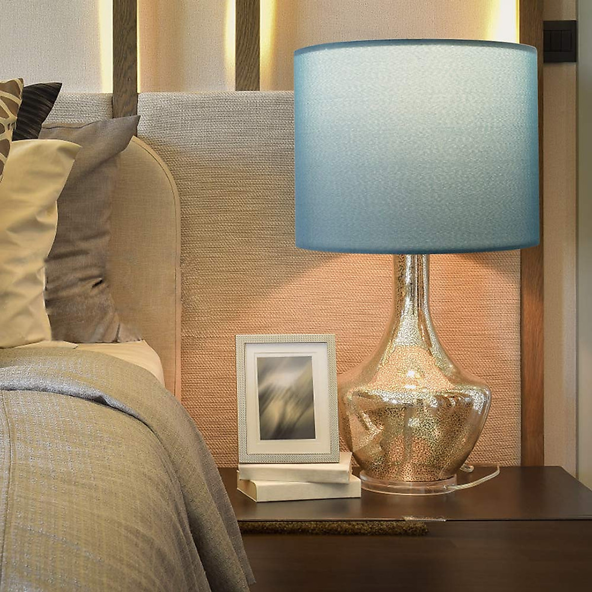 Wellmet 16"x16"x12" Assembly Required Lampshade for Table Lamp, Bedside Lamp, Floor Lamp, Fabric Drum Lampshade Classic Modern Style, Spider Fitter, Blue