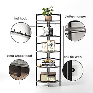 QNICE 5 Tier Industrial Corner Shelf Stand, Tall Rustic Coat Rack, Wood and Metal Corner Shelving (Dark Grey Oak)