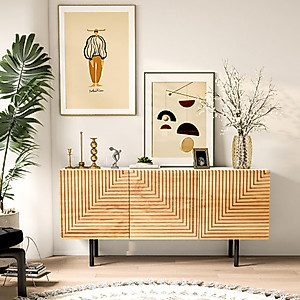 roomfitters Mid Century Modern TV Stand for TVs up to 65", Boho Sideboard Buffet Cabinet Credenza, Media Console Entertainment Center for Living Room, Poplar Wood Print Carved and Geometric Design