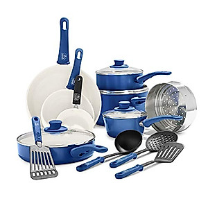 GreenLife Soft Grip Healthy Ceramic Nonstick, Cookware Pots and Pans Set, 16 Piece, Blue & Bakeware Healthy Ceramic Nonstick, Cookie Sheet, 18" x 13", Turquoise