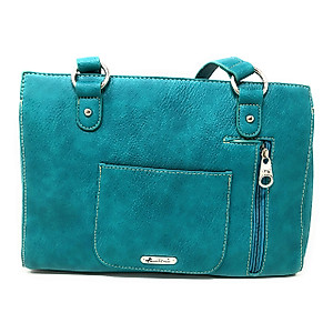 Set of Women's Concealed Carry Tote Double Flat Strap Purse with Laser Cutout Inlay with Matching Wallet (Turquoise)