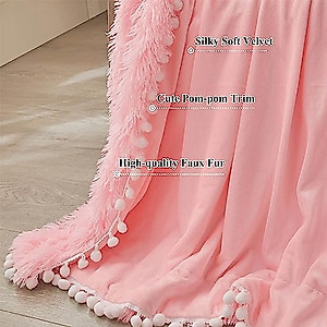 XeGe Pom-pom Fluffy Faux Fur Throw, Luxury Soft Pink Fuzzy Blanket 50x60, Cute Furry Decorative Couch Blanket for Kids to Adults