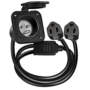 WELLUCK 15 Amp 125V AC Power Inlet Port Plug with Integrated Dual 18" Extension Cord, NEMA 5-15 RV Flanged Inlet with Waterproof & Back Cover Y Splitter Cable, 2 Pole 3-Wire Shore Power Plug for Boat