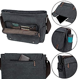 Messenger Bag for Men and Women, Retro Canvas Shoulder Bag Satchel For College fit 15.6 Inch Laptop (Black)