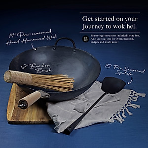 Mammafong Traditional Hand Hammered Pre-seasoned Round Bottom Carbon Steel Wok Set with Wok Spatula and Bamboo Brush (14 inch preseasoned wok set)…