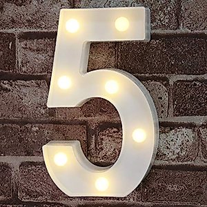 Pooqla Decorative Led Light Up Number Letters, White Plastic Marquee Number Lights Sign Party Wedding Decor Battery Operated Number (5)