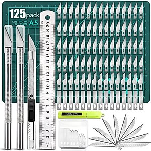 125 PCS Precision Hobby Knife Kit,110 PCS Carving Blades with 2 Handles, 11PCS SK5 Art Blades with 1 Handles, Cutting Board, Steel Rule, Craft Knife Set for DIY Art Work, Scrapbook.