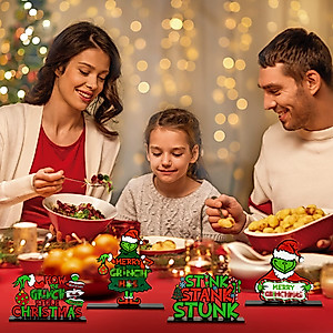 4Pcs Christmas Wooden Table Centerpieces Decoration Green Christmas Thief Wood Desktop Removable Decor Sign Merry Christmas Gnome Ornaments for Christmas Winter Theme Party Decor Table Tier Tray