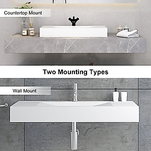Weibath 35'' Vessel Sink Wall-Mount Bathroom Sink V-Shaped Floating Sink Stone Resin in Matte White