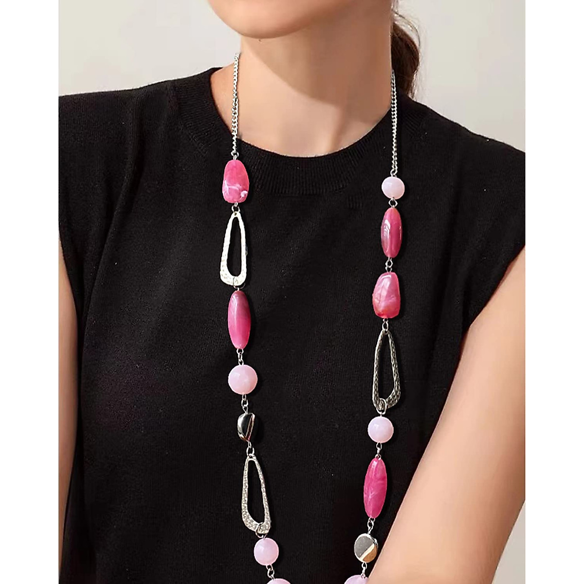 Noessla Beaded Long Necklace Silver Sweater Chain Women Beads Necklaces Fashion Jewelry Party Birthday Gifts(07-Hot pink)