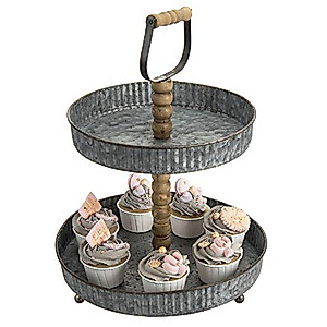 MyGift 2 Tier Cupcake Stand, Rustic Galvanized Silver Metal Pastry, Dessert and Appetizer Serving Display Stand with Carved Wooden Post and Top Handle
