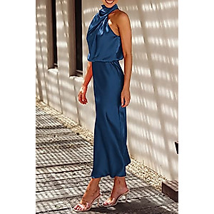 PRETTYGARDEN Women's 2023 Summer Satin Dress Elegant Sleeveless Mock Neck Cocktail Party Maxi Dresses (Dark Blue,Small)