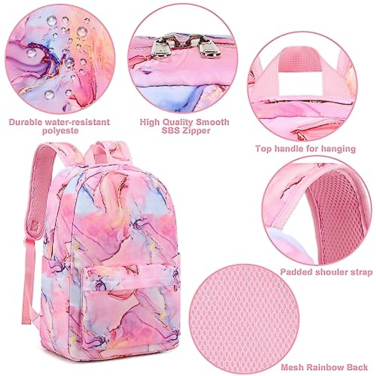 Bluboon Teen Girls School Backpack Kids Bookbag Set with Lunch Box Pencil Case Travel Laptop Backpack Casual Daypacks (Marble Pink-Blue)